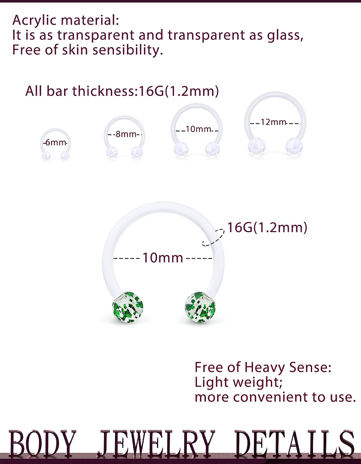 Jenxnjsjo Clear Plastic Silicone 16g 16 Gauge Septum Smiley Daith Helix Earring Retainer Multicolor Flexible Horseshoe Body Piercing Rings Jewelry for Women Men Surgery MRI