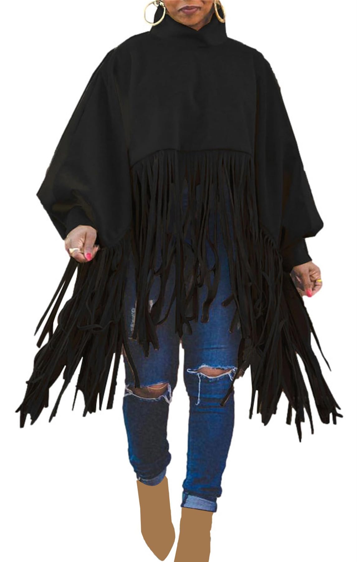 Lucuna Women Fall Winter Casual Sweatshirt Fringe Crop Top High Neck Long Sleeve Cape Coat Pullover Tops