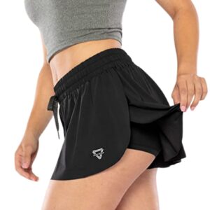 keiki kona 2-in-1 flowy fitness shorts - quick dry comfortable workout shorts with drawstring (black, small)