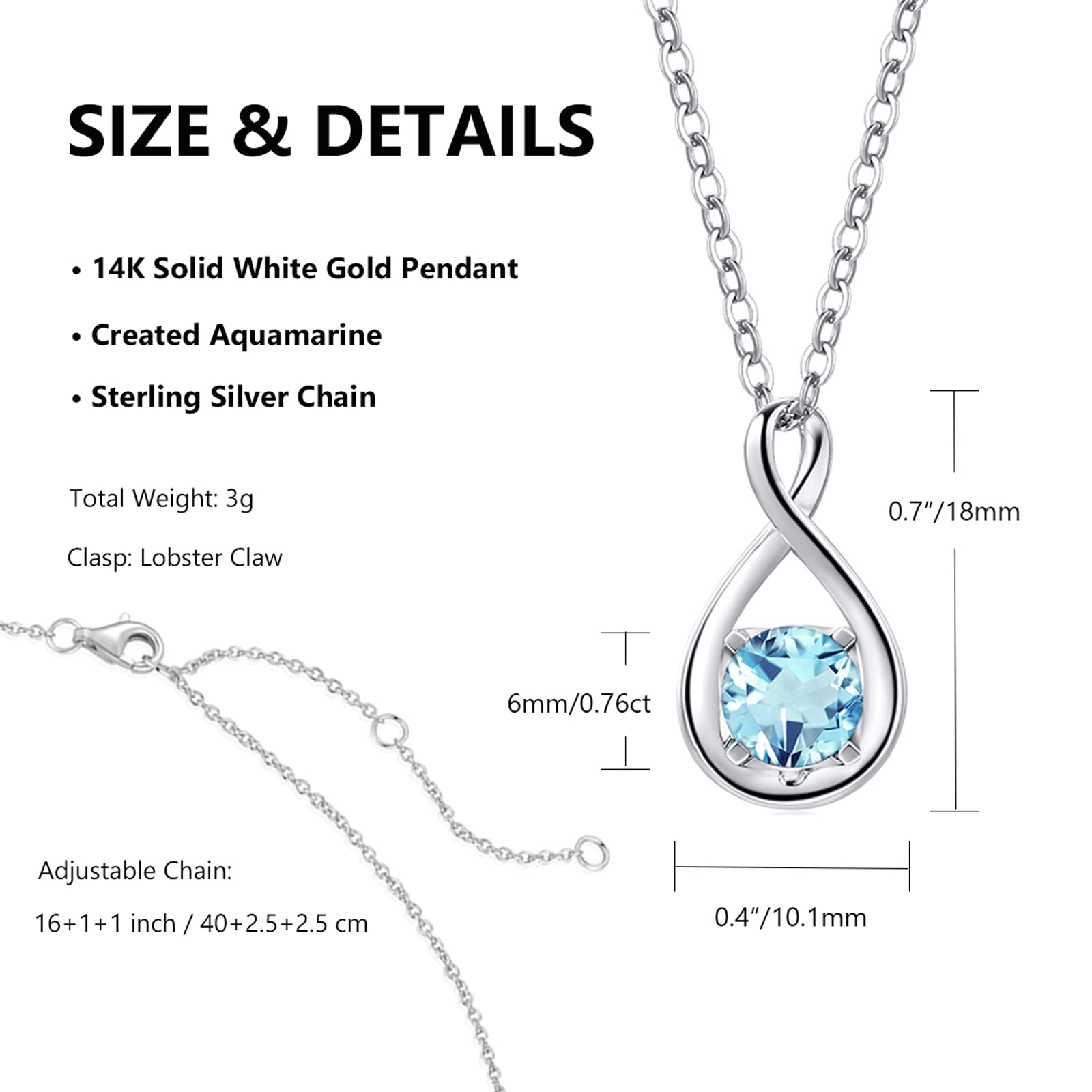 FANCIME Aquamarine Necklace 14K Solid White Gold Pendant with Sterling Silver Chain Infinity March Birthstone Blue Gemstone Fine Jewelry Anniversary Birthday Gifts for Women Her