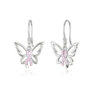 butterfly dangle earrings sterling silver breast cancer awareness earrings pink ribbon earrings breast cancer survivor gifts for women