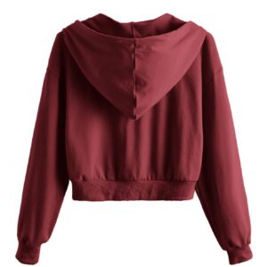 Verdusa Women's Long Sleeve Drop Shoulder Drawstring Crop Hoodie Sweatshirt Wine Red M