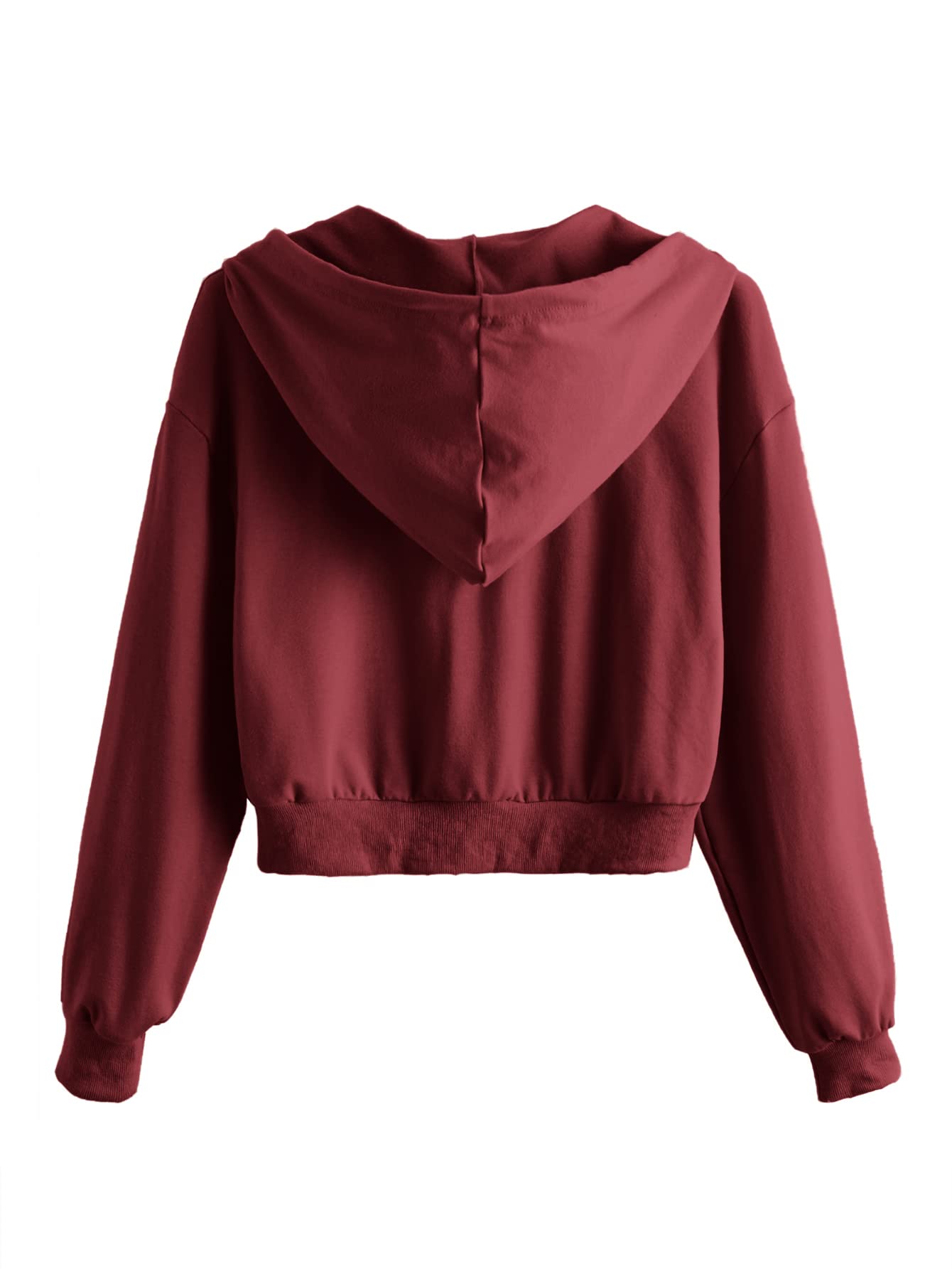 Verdusa Women's Long Sleeve Drop Shoulder Drawstring Crop Hoodie Sweatshirt Wine Red M