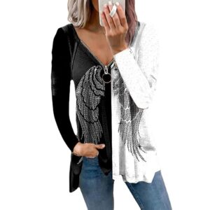 janepam womens tops shirt wing graphic pattern print ethnic boho patchwork long sleeve plus size v-neck zipper loose blouse(b black white1,5xl)