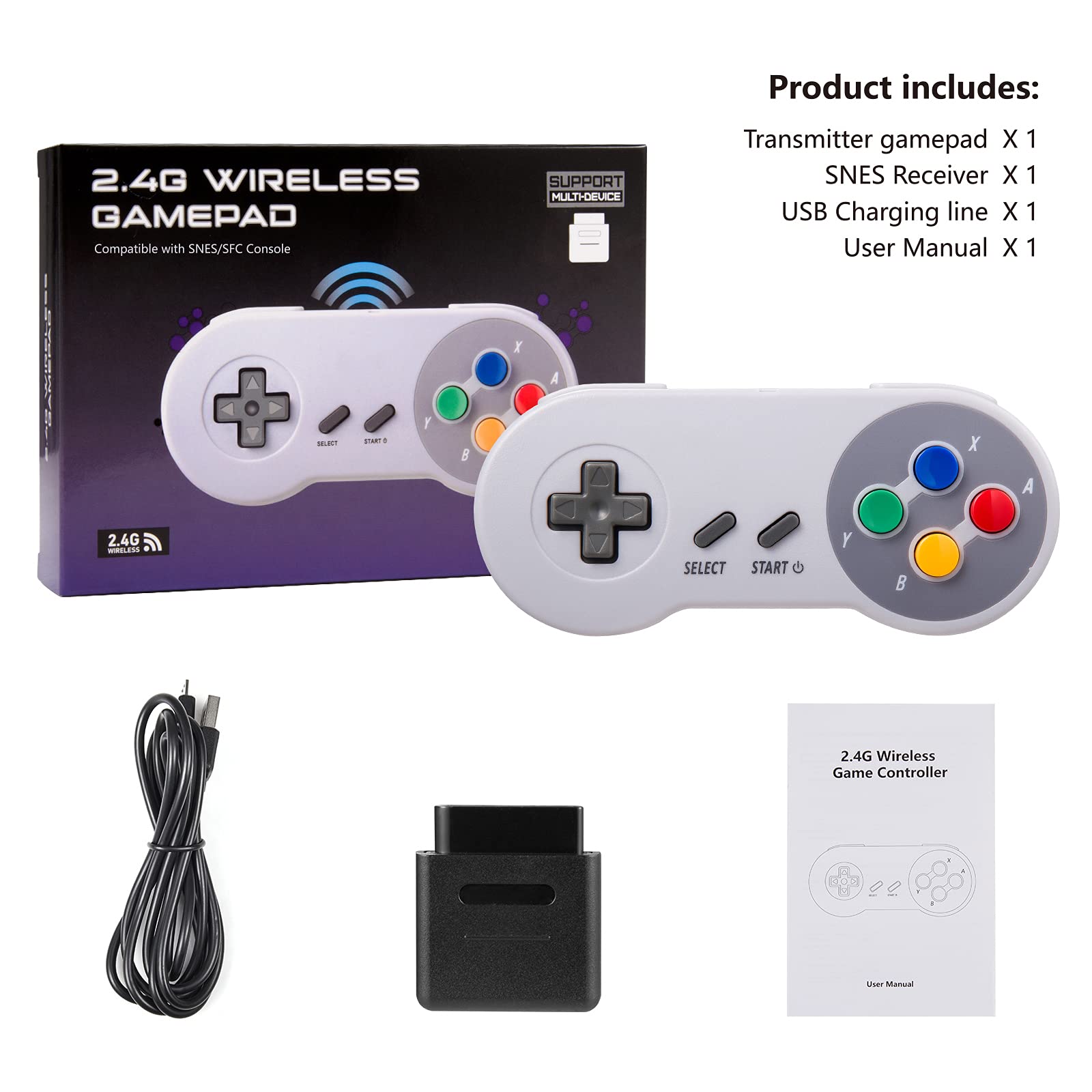 2 Pack Wireless Controller for SNES Original Console, 2.4GHz Retro Rechargeable Remote Wireless Super Gamepad for SNES Nintendo Entertainment System Console-7 Pin Connector