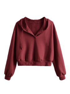 verdusa women's long sleeve drop shoulder drawstring crop hoodie sweatshirt wine red m