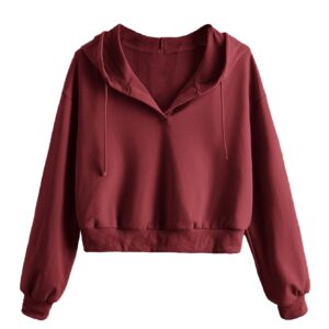 Verdusa Women's Long Sleeve Drop Shoulder Drawstring Crop Hoodie Sweatshirt Wine Red M