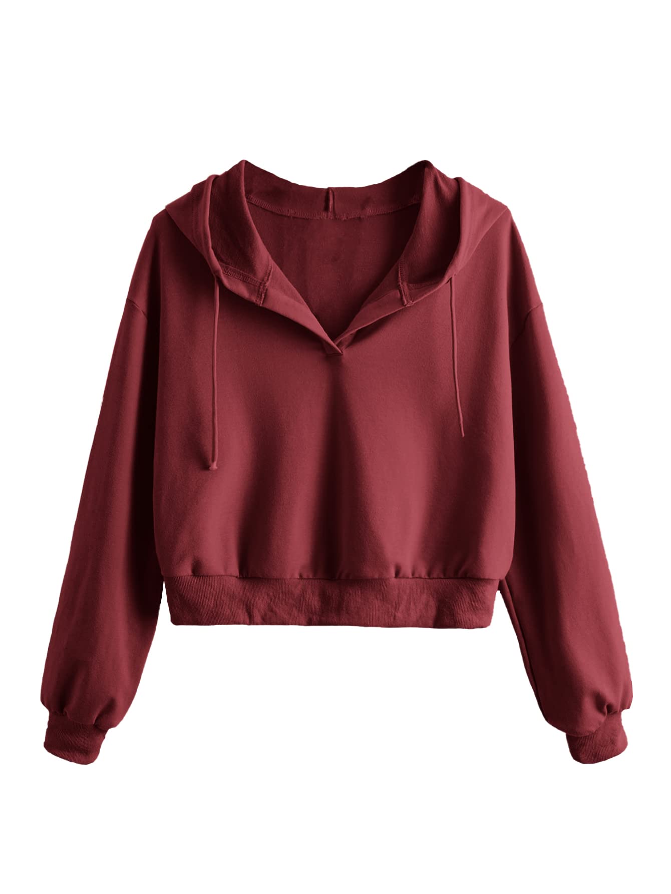 Verdusa Women's Long Sleeve Drop Shoulder Drawstring Crop Hoodie Sweatshirt Wine Red M