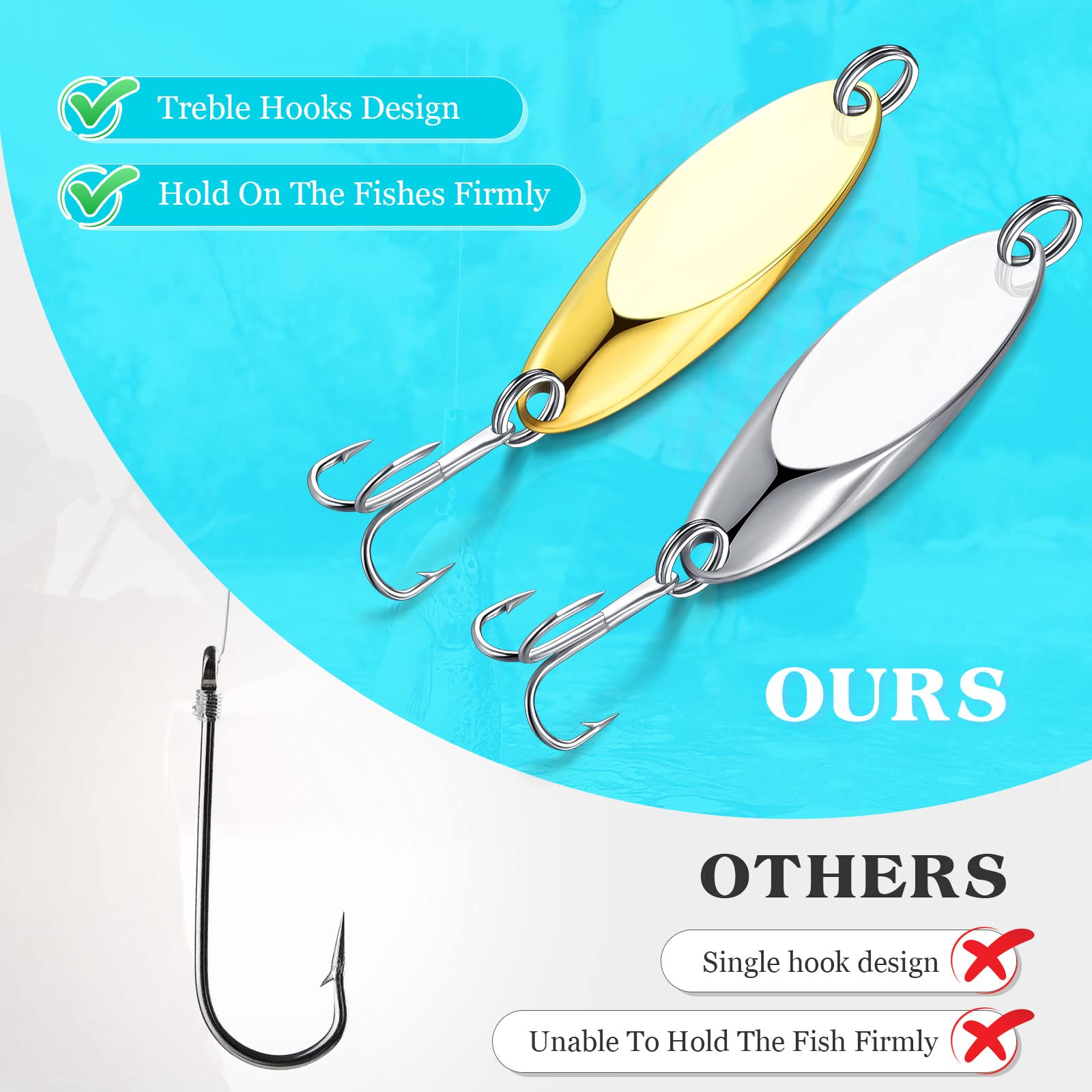 30 Pieces Fishing Spoons Lures, Treble Hooks Fishing Spoons Hard Metal Spoon Lures Spoons Gold Silver for Huge Distance Cast Saltwater Freshwater Fishing in 1/5 oz 1/4 oz 3/8 oz 1/2 oz 3/4 oz