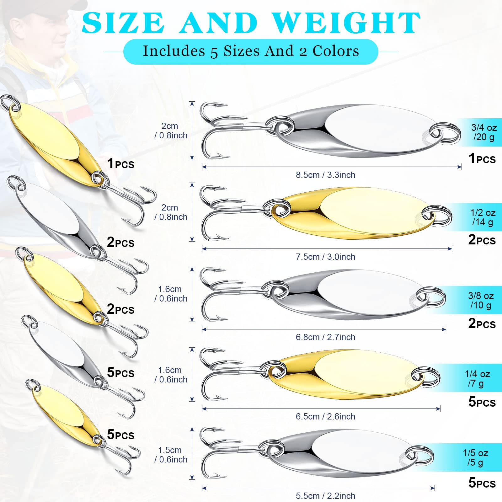 30 Pieces Fishing Spoons Lures, Treble Hooks Fishing Spoons Hard Metal Spoon Lures Spoons Gold Silver for Huge Distance Cast Saltwater Freshwater Fishing in 1/5 oz 1/4 oz 3/8 oz 1/2 oz 3/4 oz