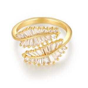 vescence 18k gold plated cz open ring double leaf wrap rings adjustable | cz stacking ring in gold | unique statement ring cocktail party ring hypoallergenic (ves-2021-r-2-l)