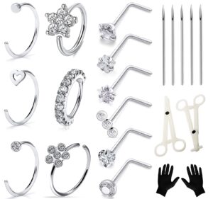 heienngy 20g nose rings piercing kit surgical stainless steel nose piercing kit nose rings hoop l shape nose rings studs 20 gauge piercing needles for women men body piercing jewelry retianer,silver