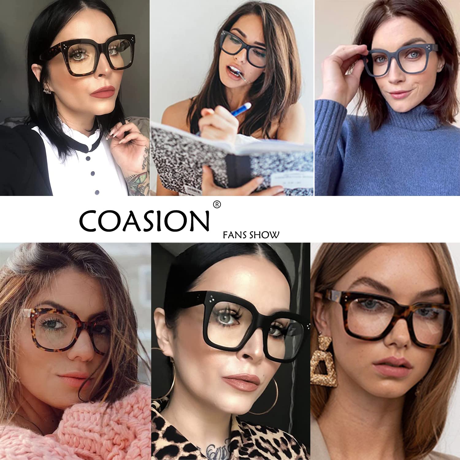 COASION Blue Light Blocking Oversized Glasses Stylish Fake Eyeglasses for Women Square Thick Frame Eyewear (Transparent)