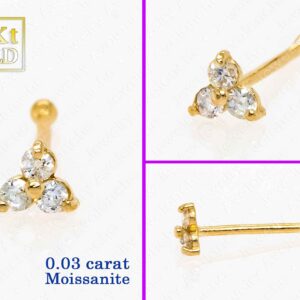 Jewelry Avalanche 3-Stone 0.030ctw Moissanite Nose Stud - 22G Solid 14Kt Yellow Gold Nose Bone Stud Nose Ring - April Birthstone Nose Stud NBYG313-MNT