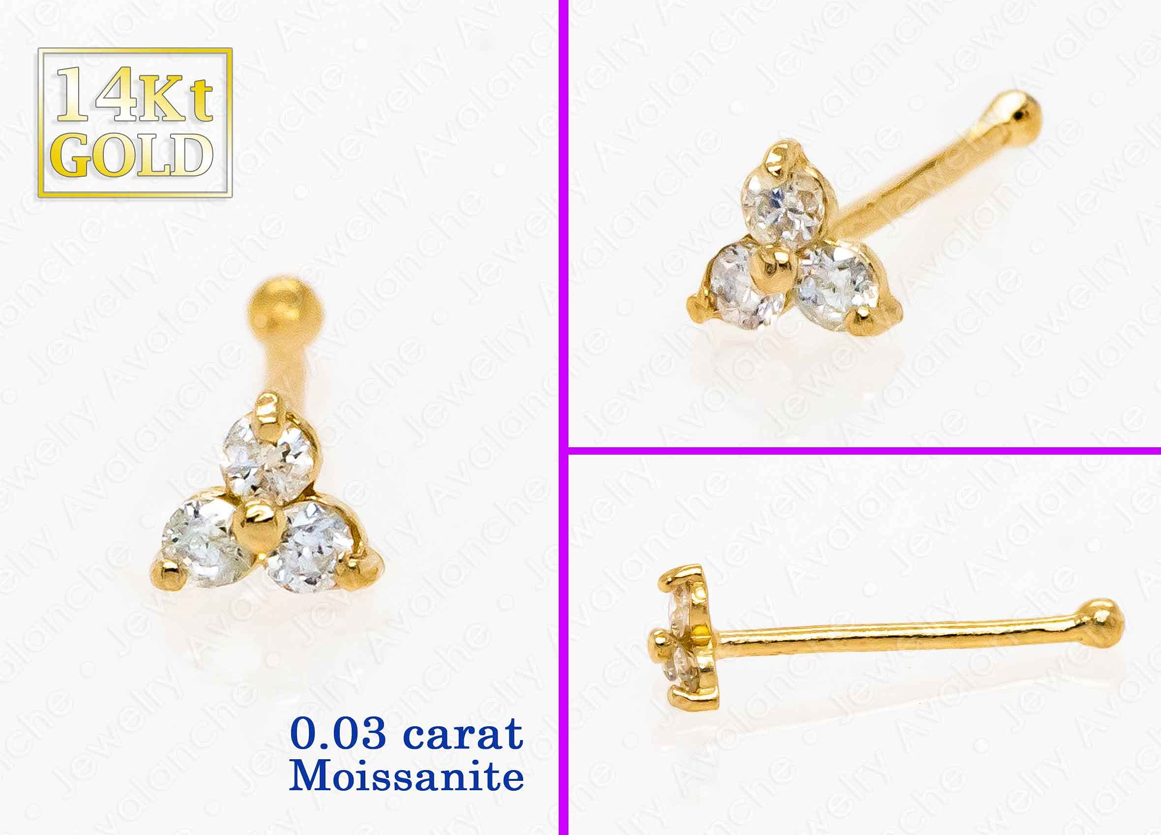 Jewelry Avalanche 3-Stone 0.030ctw Moissanite Nose Stud - 22G Solid 14Kt Yellow Gold Nose Bone Stud Nose Ring - April Birthstone Nose Stud NBYG313-MNT