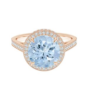 Cocktail Ring!! 7MM Round Aquamarine Gemstone 925 Sterling Silver Solitaire Accent Ring (Rose Gold Plated Silver, 9)