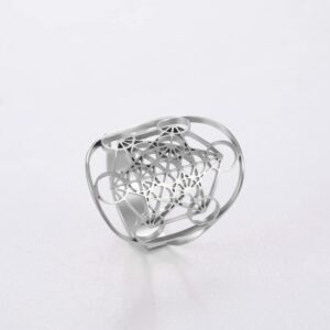 TEAMER Resizable Archangel Metatron Stainless Steel Rings Adjustable Flower of Life Jewelry for Women (Silver-Style F)