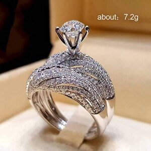 2PCS Flash Diamond Engagement Rings Simulated Diamond Engagement Rings Set Engagement Ring for Women 18K White Gold Sterling Silver Cubic Zirconia Wedding Band Bridal Set (US 7)