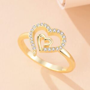 Gold Double Heart Ring for Women Delicate 14K Gold Plated Heart in Heart Wedding Jewelry Promise Love Ring for Her Gift (Gold, 7)