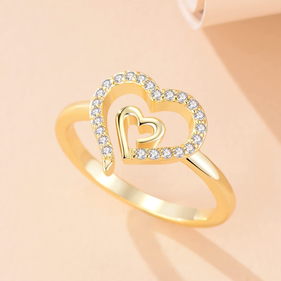 Gold Double Heart Ring for Women Delicate 14K Gold Plated Heart in Heart Wedding Jewelry Promise Love Ring for Her Gift (Gold, 7)