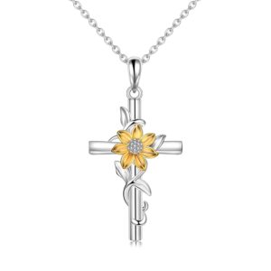 annamate cross necklace for women sunflower cross necklace 925 sterling silver dainty sunshine pendant for women mom sunflower gifts for women