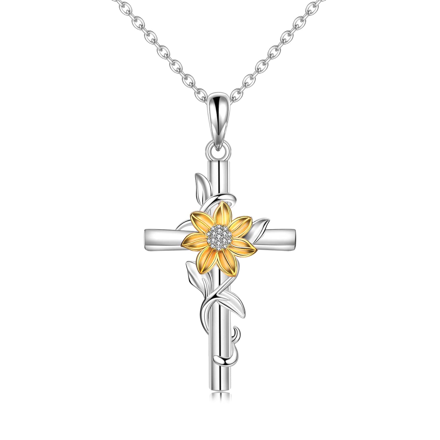 Annamate Cross Necklace for Women Sunflower Cross Necklace 925 Sterling Silver Dainty Sunshine Pendant for Women Mom Sunflower Gifts for Women