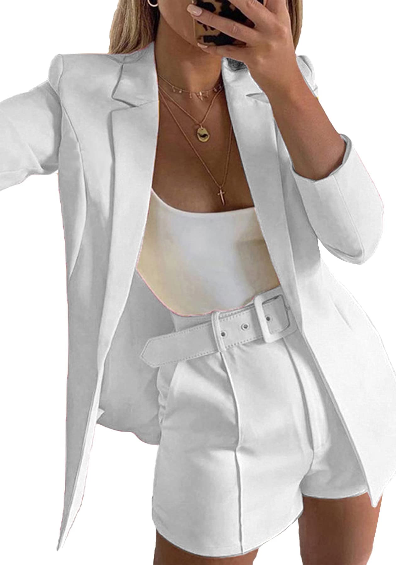 HuiSiFang Women's 2 Piece Outfit Open Front Blazer and High Waisted Skinny Short Pant Casual Tops & Bottoms Set B-white