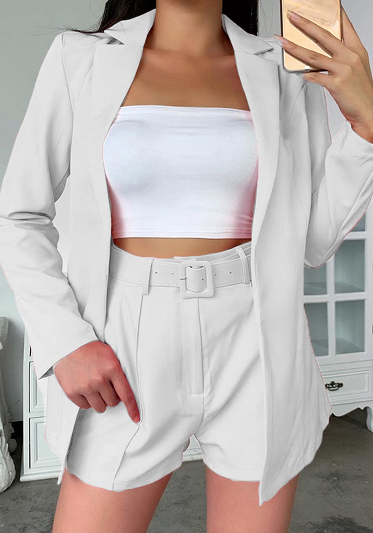 HuiSiFang Women's 2 Piece Outfit Open Front Blazer and High Waisted Skinny Short Pant Casual Tops & Bottoms Set B-white