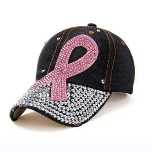 gamusi women's breast cancer fight baseball cap rhinestone bling cap - adjustable hat with pink ribbon pattern (brown)