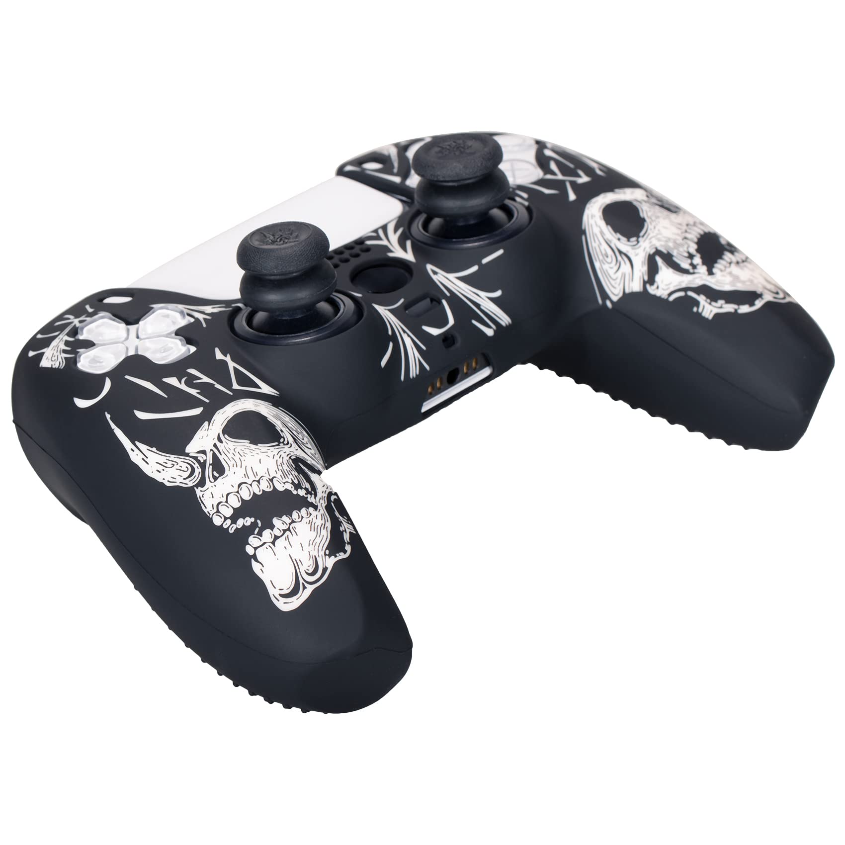 YoRHa Laser Carving Silicone Skin for PS5 Controller x 1(Skulls White) with Exclusive Thumb Grips x 8