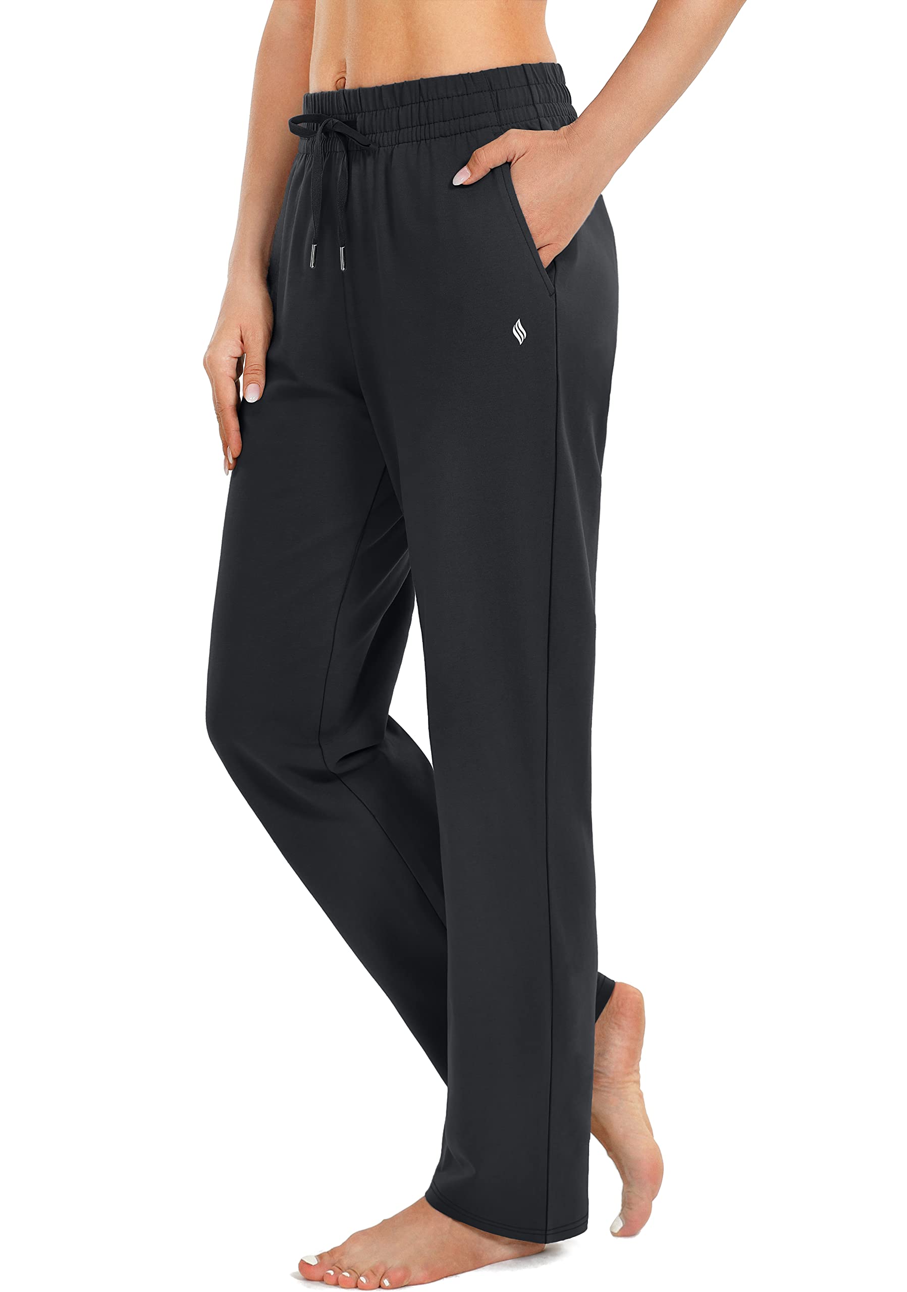 SANTINY Women's Cotton Sweatpants Yoga Lounge Casual Pants Open Bottom Sweat Pants for Women with Pockets (Black_L)