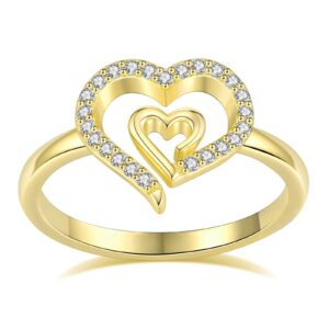 gold double heart ring for women delicate 14k gold plated heart in heart wedding jewelry promise love ring for her gift (gold, 7)