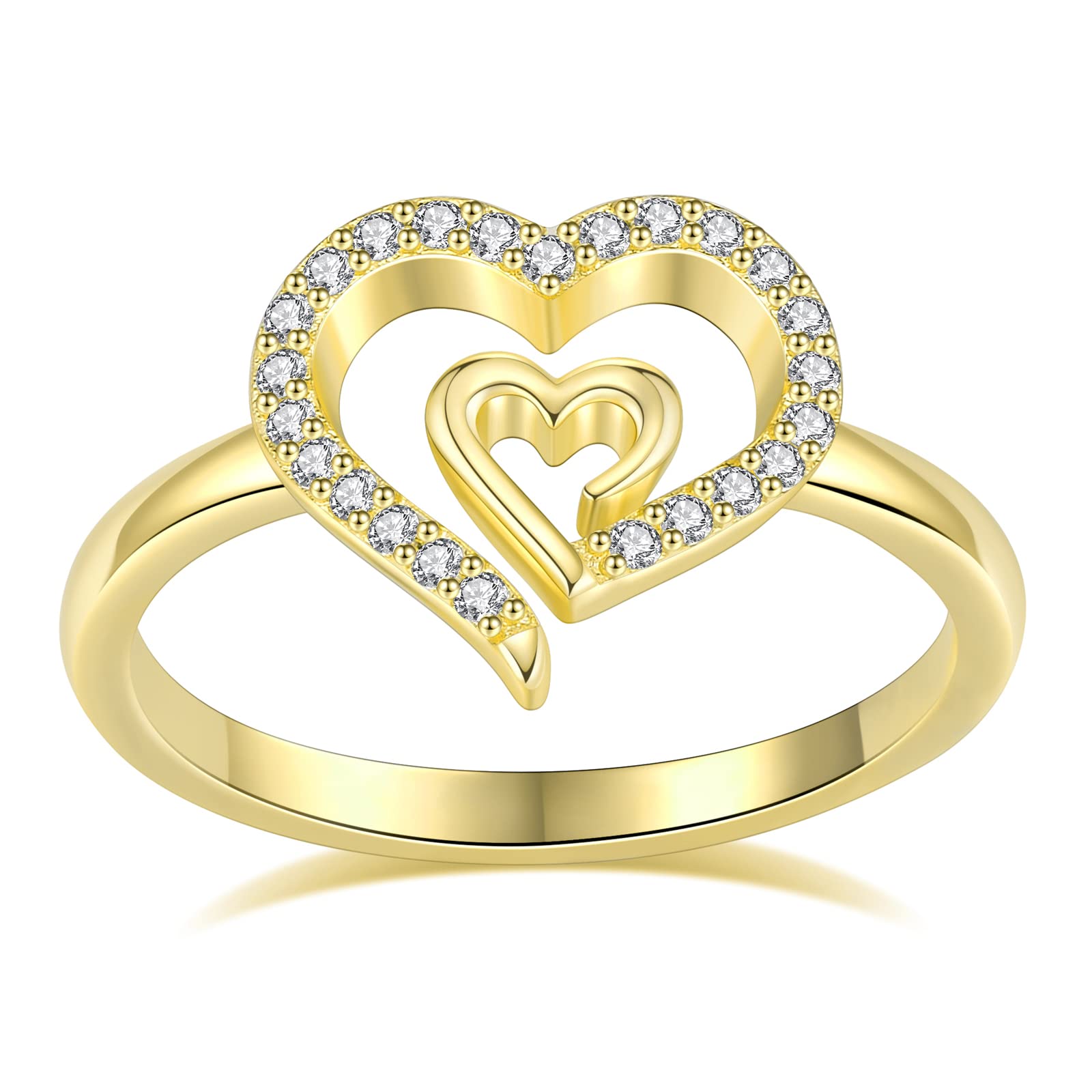 Gold Double Heart Ring for Women Delicate 14K Gold Plated Heart in Heart Wedding Jewelry Promise Love Ring for Her Gift (Gold, 7)