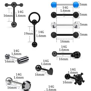 Prjndjw 14G Tongue Rings Surgical steel tongue piercing jewelry 5/8 inch 16mm Skull Heart Flower T Shape Koosh Spiky Silicone Soft Spike Ball Door Knocker Tongue Ring Body Piercing Jewelry Retainer