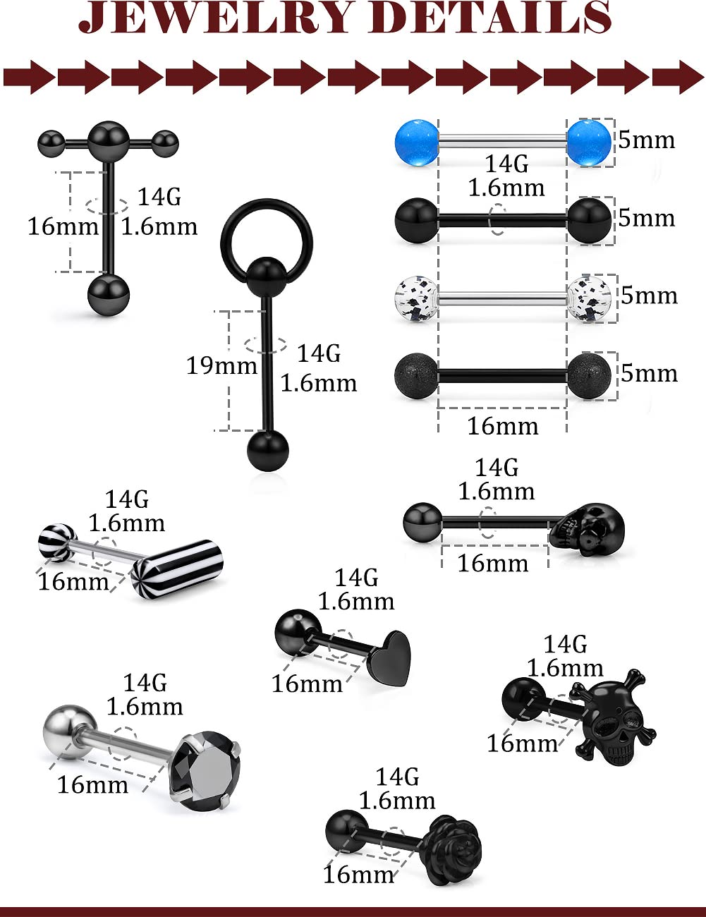 Prjndjw 14G Tongue Rings Surgical steel tongue piercing jewelry 5/8 inch 16mm Skull Heart Flower T Shape Koosh Spiky Silicone Soft Spike Ball Door Knocker Tongue Ring Body Piercing Jewelry Retainer