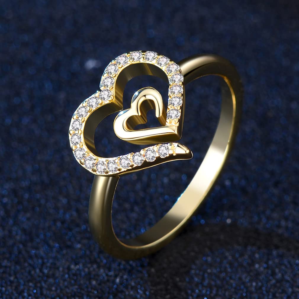 Gold Double Heart Ring for Women Delicate 14K Gold Plated Heart in Heart Wedding Jewelry Promise Love Ring for Her Gift (Gold, 7)