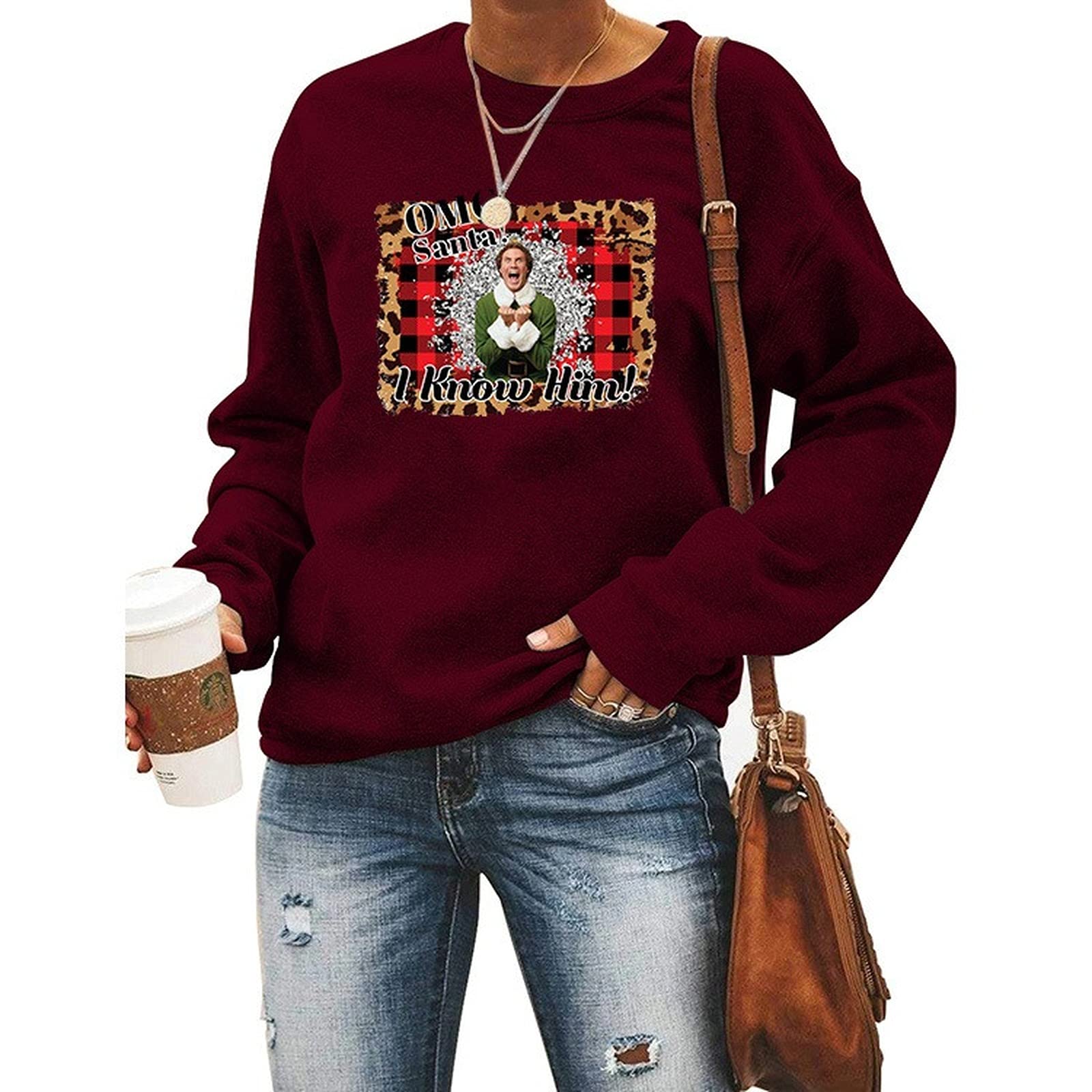 YourTops Women OMG Santa I Know Him Christmas Sweatshirt Funny Christmas Shirt (Wine Red,X-Large)