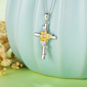 Annamate Cross Necklace for Women Sunflower Cross Necklace 925 Sterling Silver Dainty Sunshine Pendant for Women Mom Sunflower Gifts for Women