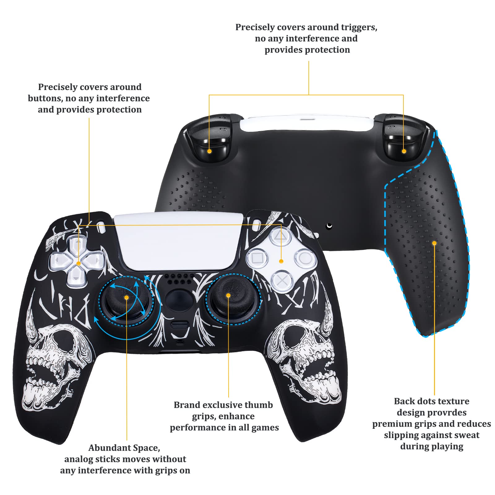 YoRHa Laser Carving Silicone Skin for PS5 Controller x 1(Skulls White) with Exclusive Thumb Grips x 8