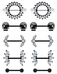 yaalozei 14g nipple piercing jewelry nipple rings for women 14 gauge stainless surgical steel skull black nipple nipplerings rings hoops straight barbell bar piercing jewelry women halloween 14mm