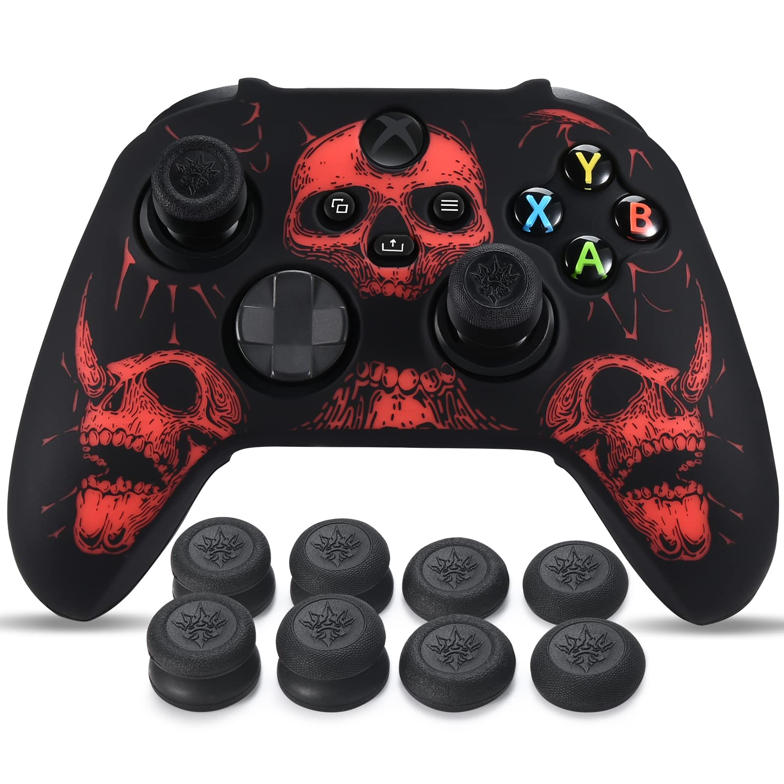 YoRHa Laser Carving Silicone Skin for Xbox Series X/S Controller x 1(Skulls Red) with Exclusive Thumb Grips x 8