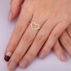 Gold Double Heart Ring for Women Delicate 14K Gold Plated Heart in Heart Wedding Jewelry Promise Love Ring for Her Gift (Gold, 7)