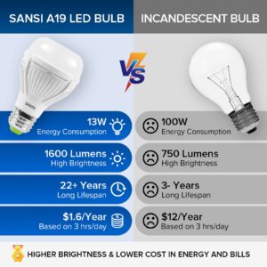 SANSI 100W Equivalent A19 LED Light Bulb, 1600 Lumens 5000K Daylight White Bulb with Ceramic Technology, 6 Pack 22-Year Lifetime, Non-Dimmable, Efficient, Safe, 13W Energy Saving for Home Lighting