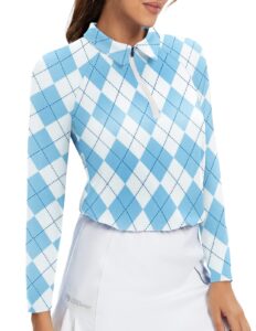 women long sleeve moisture wicking sport golf polo shirt tops（blue plaid,s