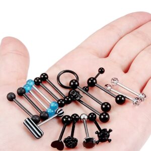 Prjndjw 14G Tongue Rings Surgical steel tongue piercing jewelry 5/8 inch 16mm Skull Heart Flower T Shape Koosh Spiky Silicone Soft Spike Ball Door Knocker Tongue Ring Body Piercing Jewelry Retainer