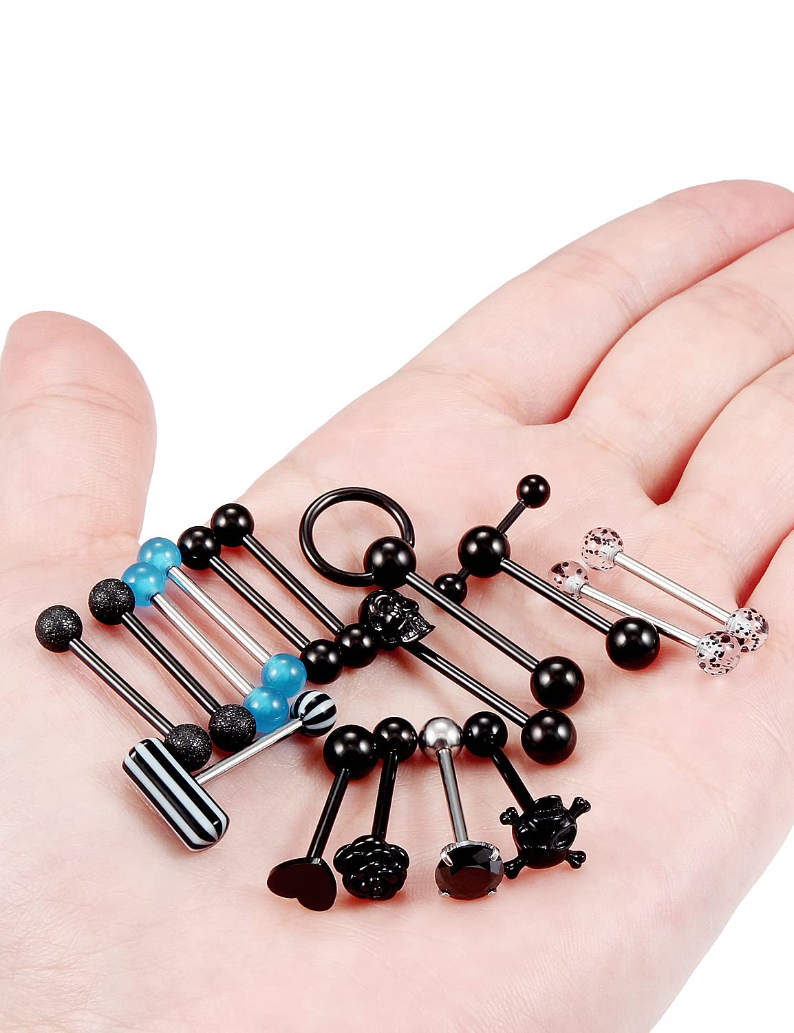 Prjndjw 14G Tongue Rings Surgical steel tongue piercing jewelry 5/8 inch 16mm Skull Heart Flower T Shape Koosh Spiky Silicone Soft Spike Ball Door Knocker Tongue Ring Body Piercing Jewelry Retainer