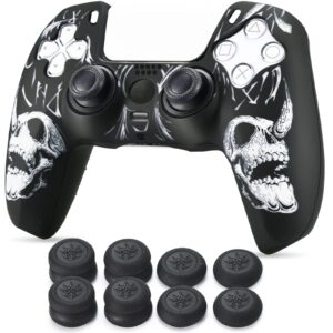 YoRHa Laser Carving Silicone Skin for PS5 Controller x 1(Skulls White) with Exclusive Thumb Grips x 8