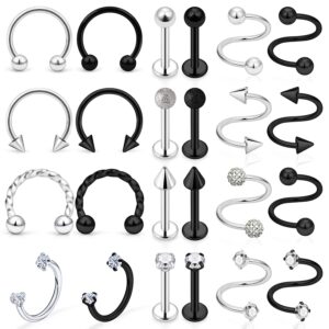 ovxznts 24pcs assorted design 16g lip rings studs medusa piercing jewelry surgical steel monroe labret tragus earrings hoop horseshoe septum ring twist helix cartilage piercings for women men