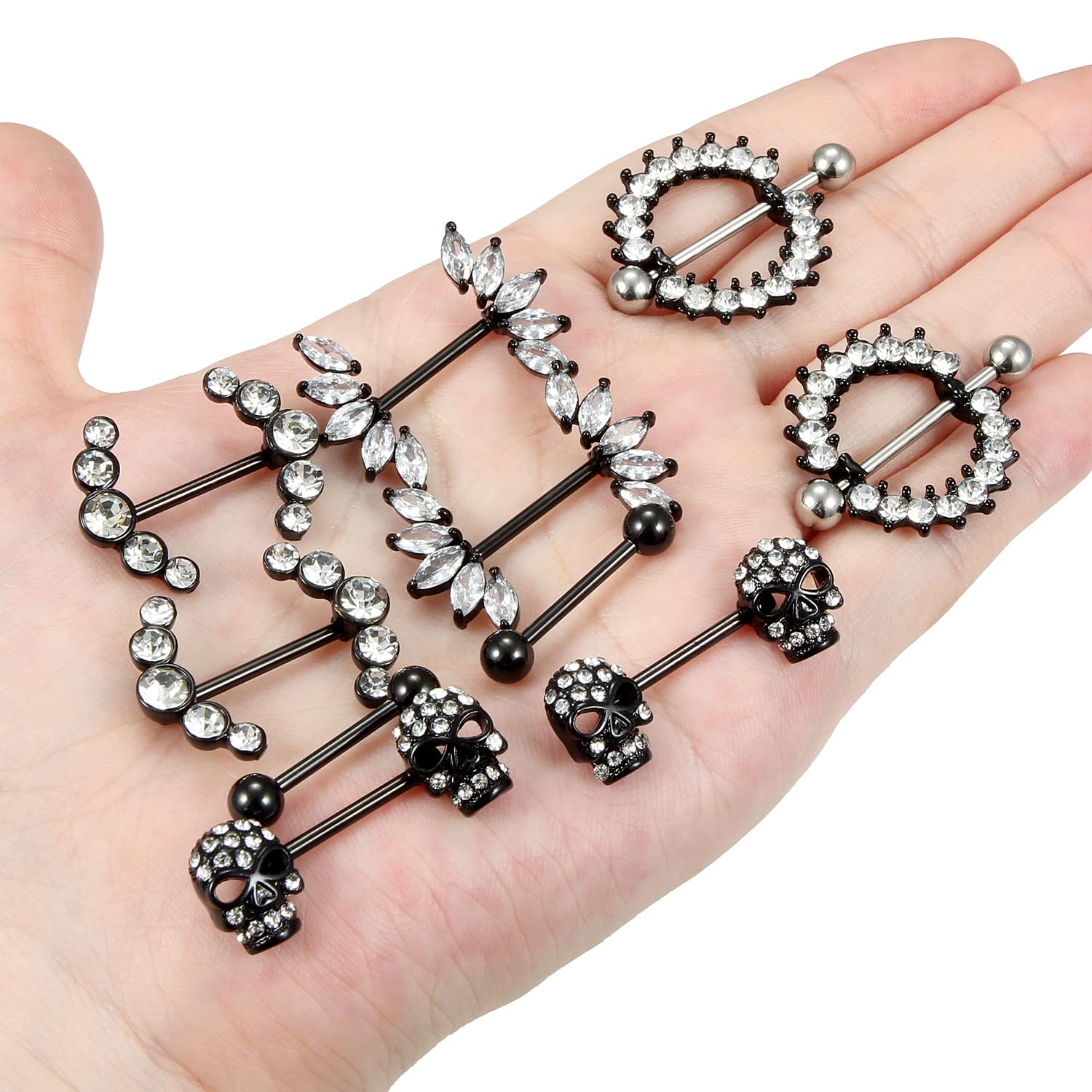 Yaalozei 14G Nipple piercing Jewelry Nipple Rings for Women 14 Gauge Stainless Surgical Steel Skull Black Nipple Nipplerings Rings Hoops Straight Barbell bar Piercing Jewelry Women Halloween 14mm