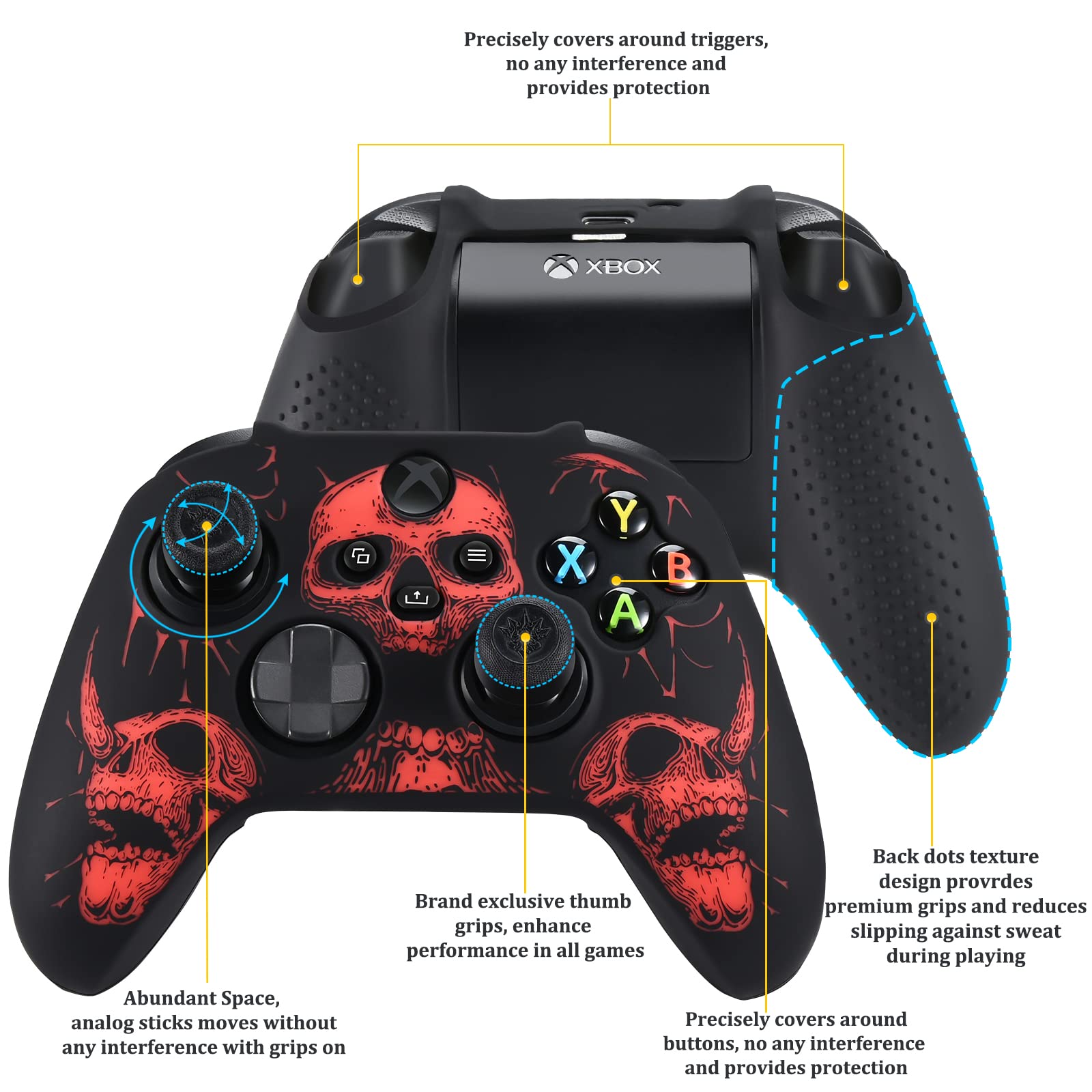 YoRHa Laser Carving Silicone Skin for Xbox Series X/S Controller x 1(Skulls Red) with Exclusive Thumb Grips x 8